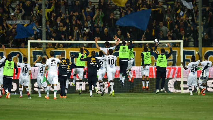 Parma players celebrate infront of their fans as they pull off shock ...