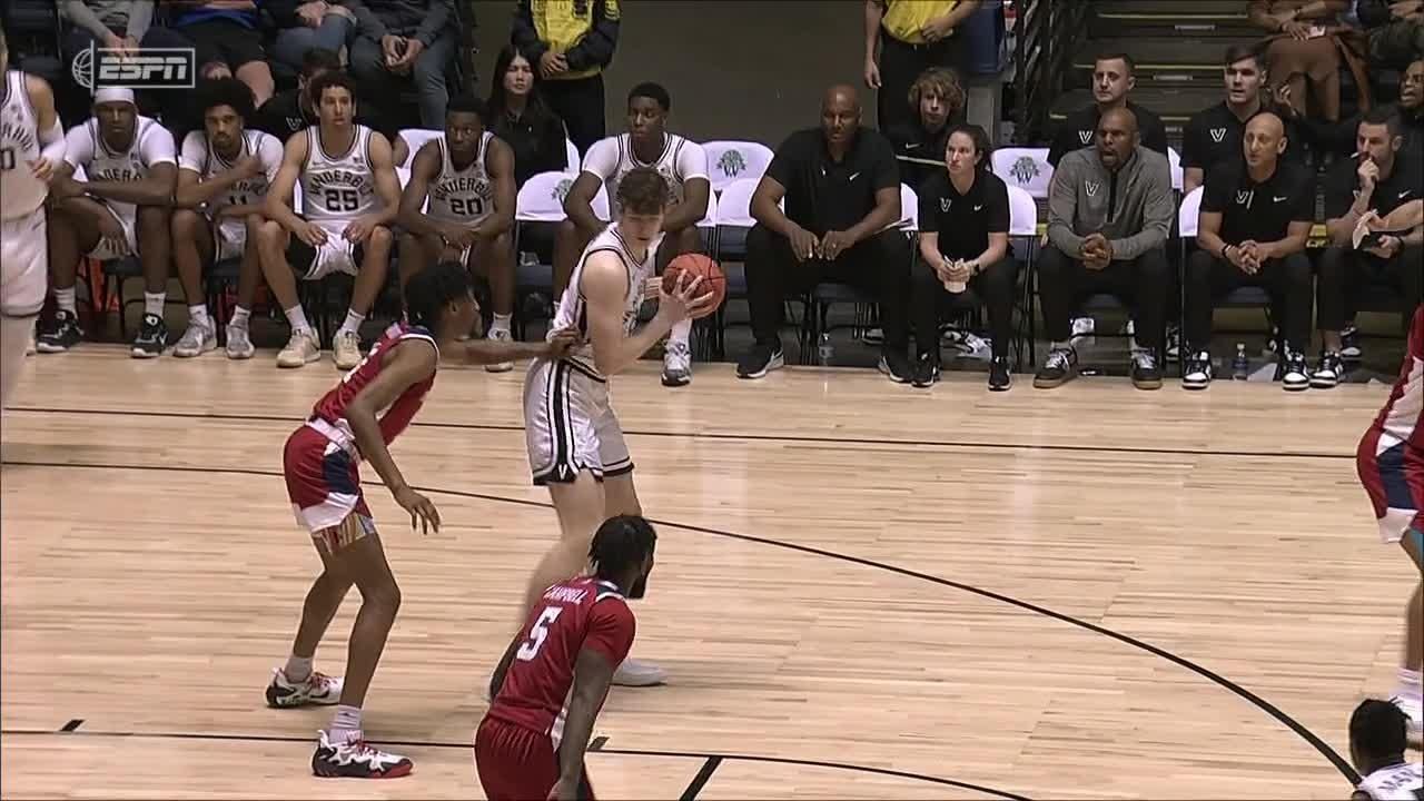Liam Robbins makes the nice bucket against the Fresno State Bulldogs ...