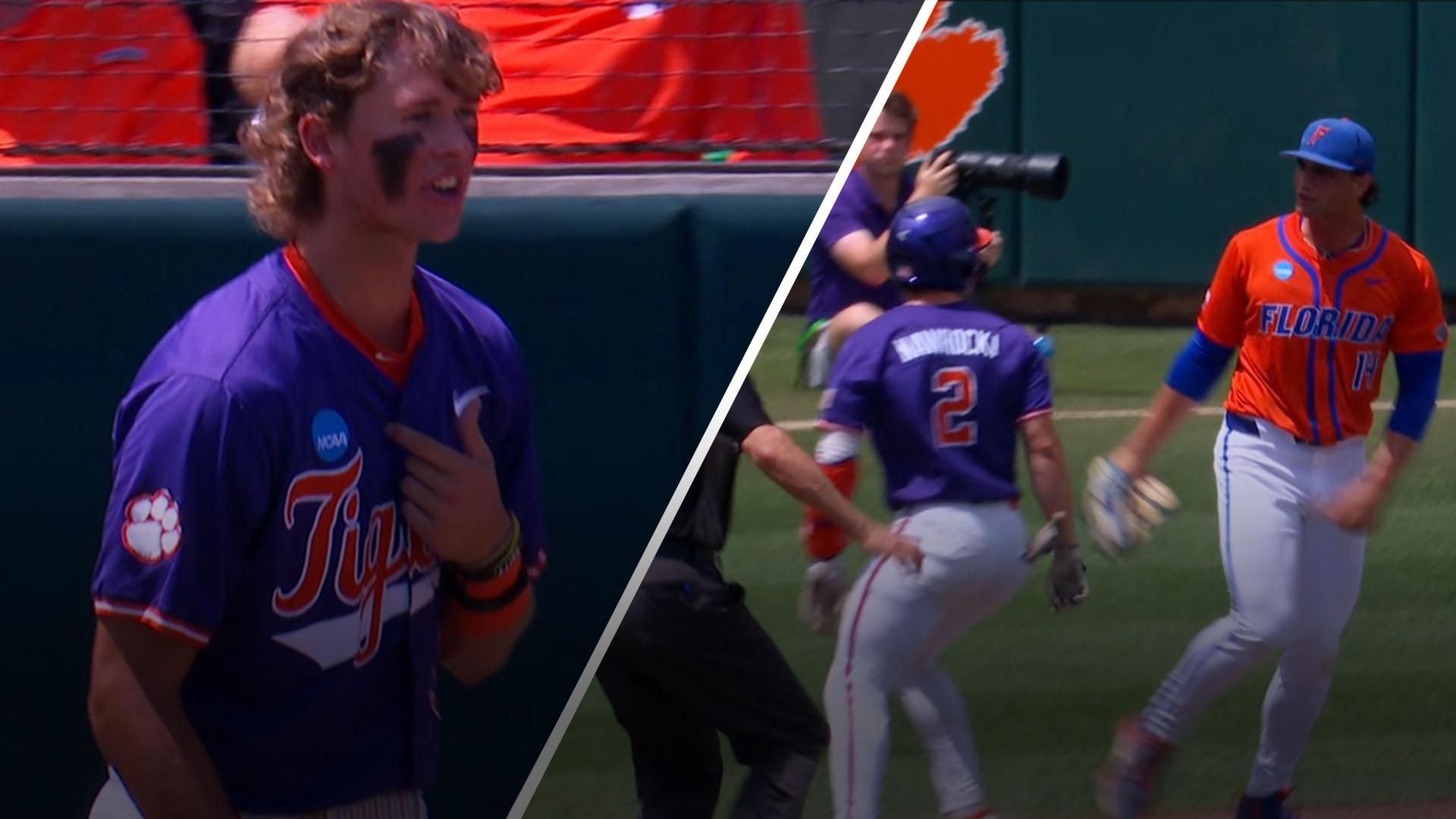 Clemson player ejected after collision on first-base line results in ...