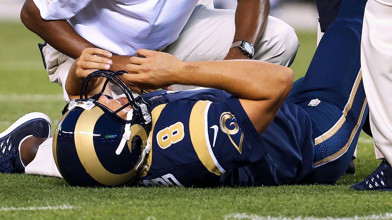 Sam Bradford of St. Louis Rams leaves preseason game against Cleveland ...