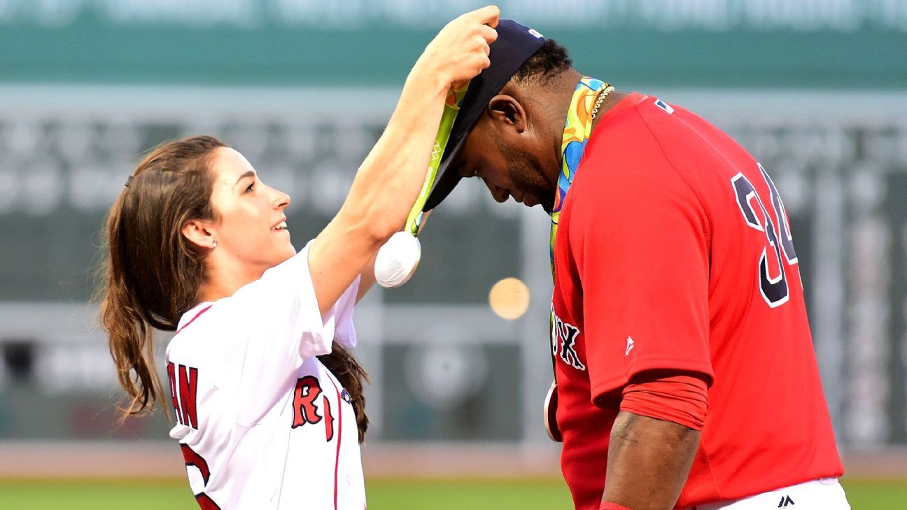 Boston Red Sox's David Ortiz helps Aly Raisman with Rio Olympic medals ...