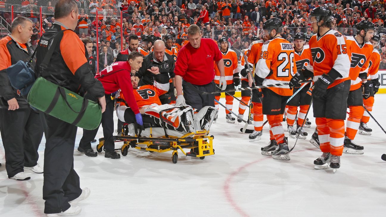 Flyers' Michal Neuvirth awake and alert after collapsing to ice - ESPN