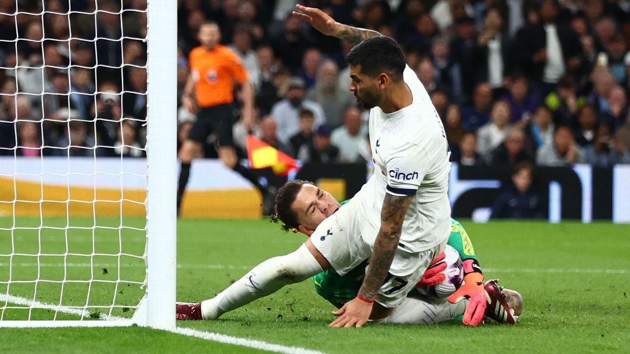 Cuti Romero ccon Éderson y lo lesionó en Tottenham-Manchester City - ESPN