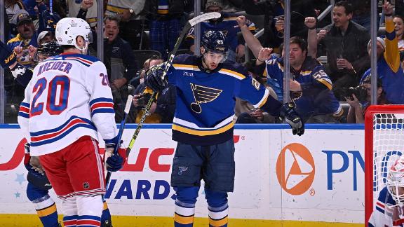 Kyrou records 3rd career hat trick, Blues defeat Rangers 5-2 - ABC7 New ...