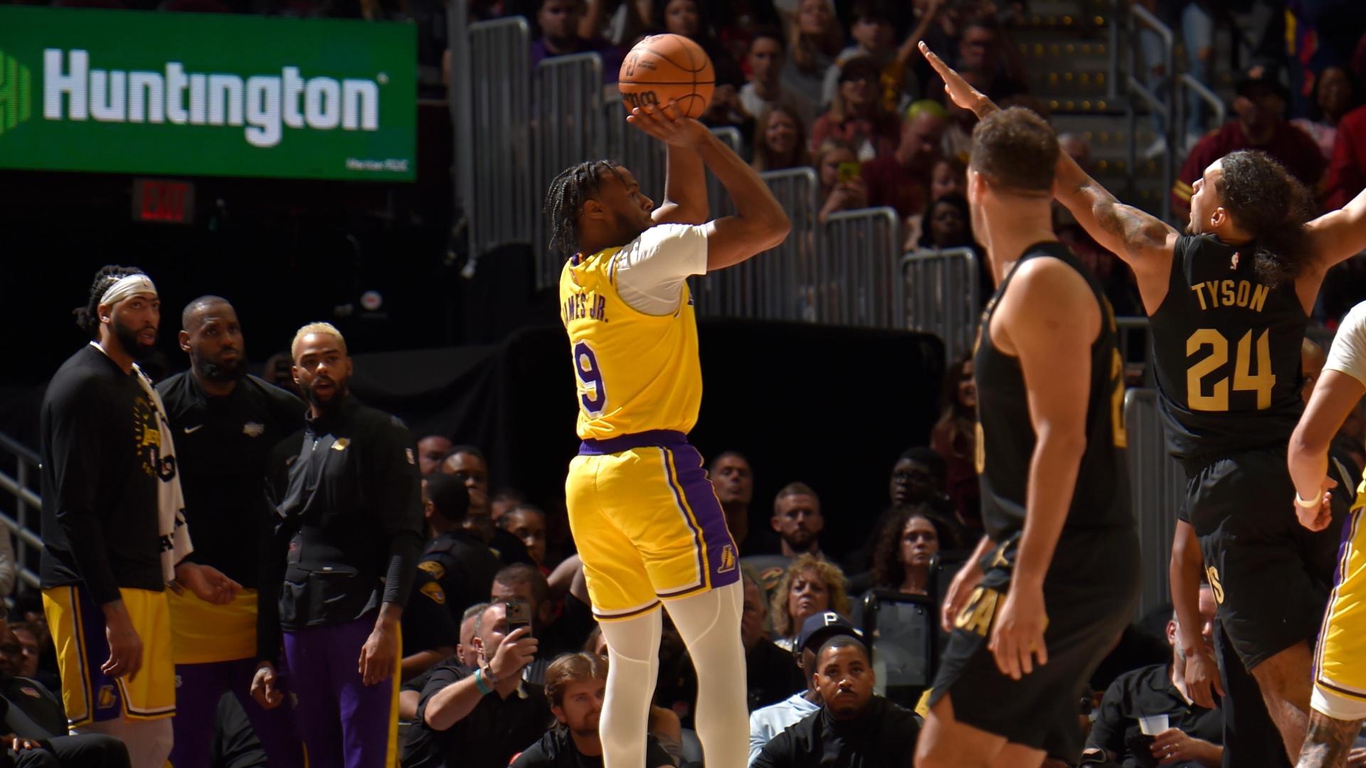 Cavaliers blow out Lakers 134-110 as Bronny James scores first NBA points as dad watches from ...