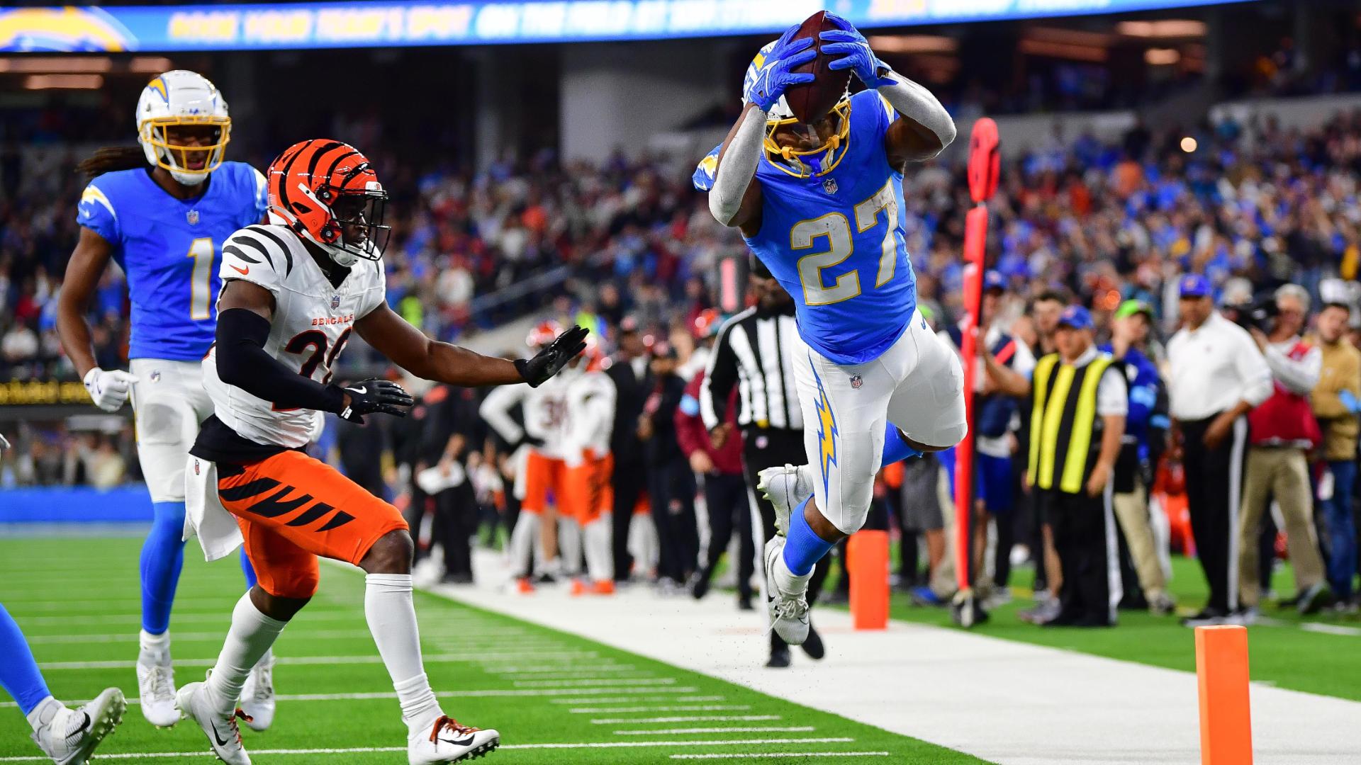 Chargers beat Bengals 34-27 on Dobbins' late TD after squandering 21 ...