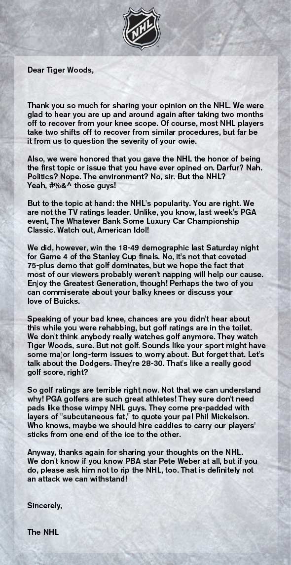 Gallo: The NHL's letter to Tiger - ESPN Page 2