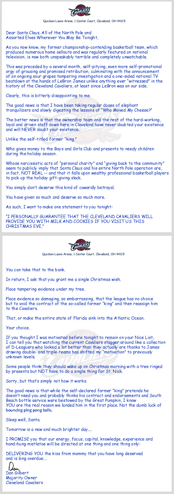 Cleveland Cavaliers owner Dan Gilbert wrote a letter to Santa, and Page ...