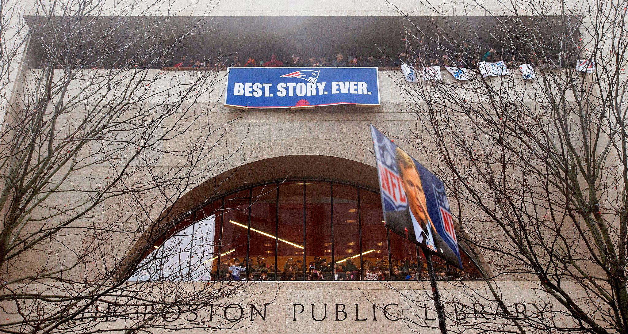 Boston Public Library - Patriots Super Bowl victory parade - ESPN