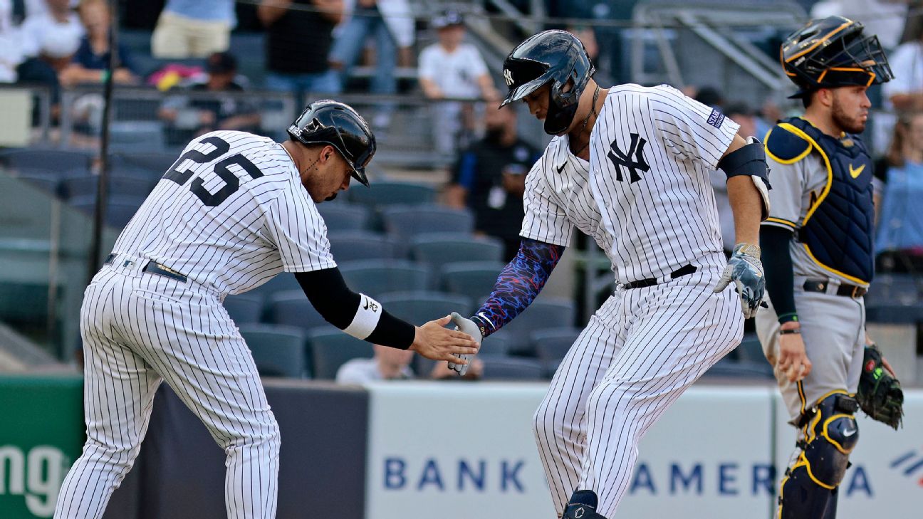 Yankees top Brewers in 13 after going hitless through 10 1/3 - ABC7 New ...