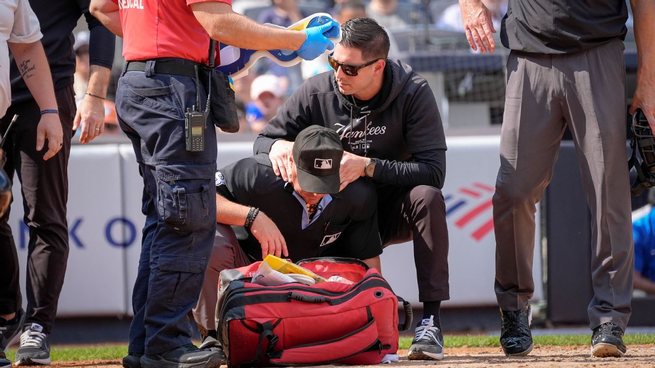 Umpire Nick Mahrley suffers concussion from broken bat - ABC7 New York