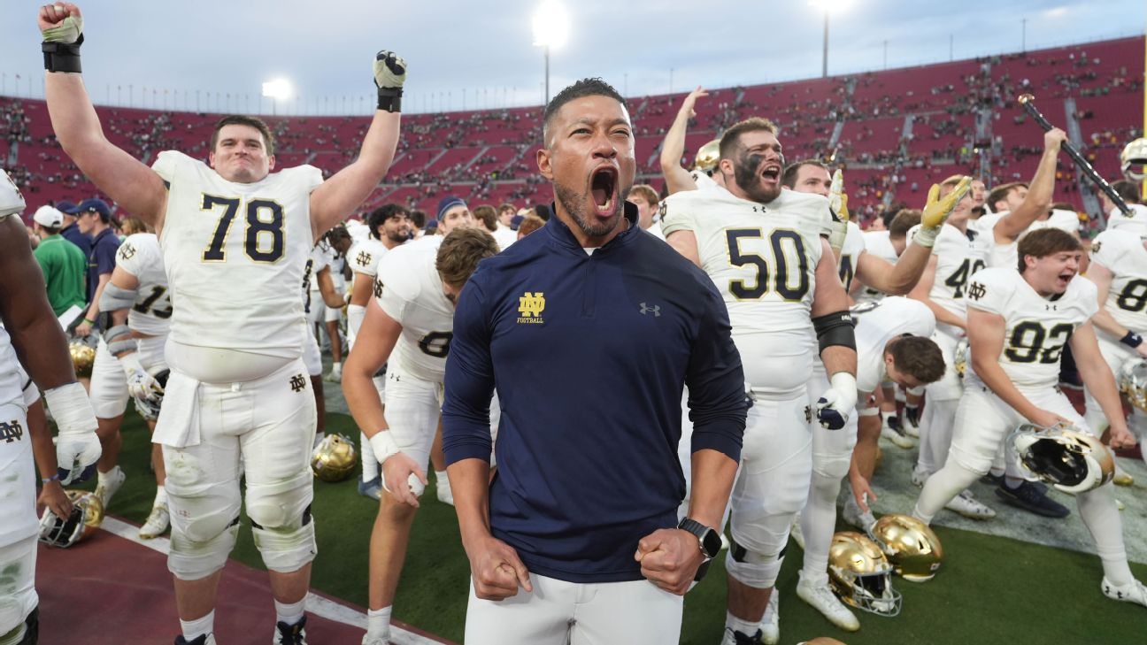 Marcus Freeman emotional as Notre Dame tops USC, seals CFP bid - ABC7 ...