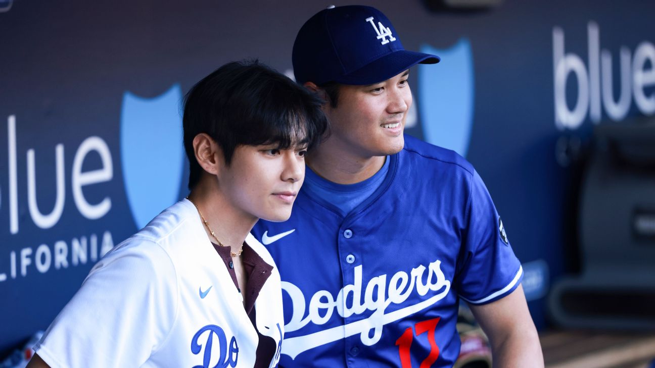 BTS' V poses with Shohei Ohtani, throws Dodgers first pitch - ABC7 Los ...