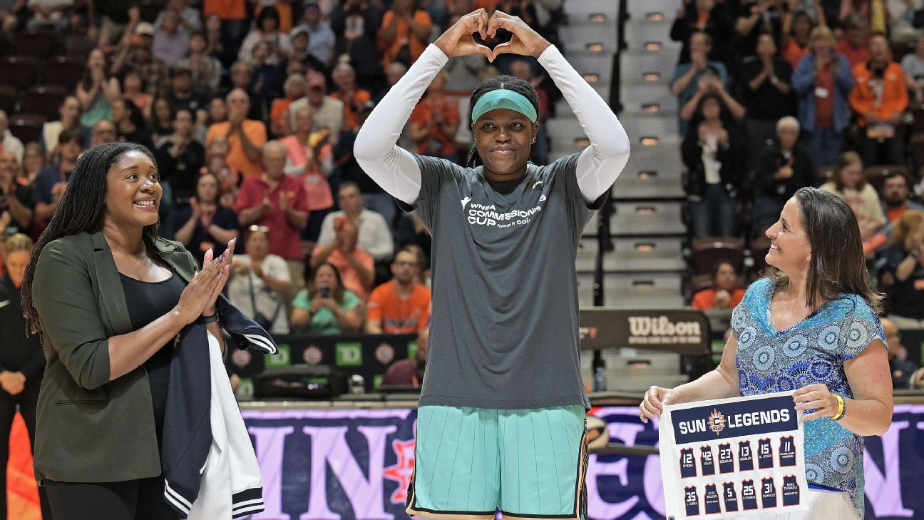 Sun retire Jonquel Jones' No. 35 jersey in pregame ceremony - ABC7 New York